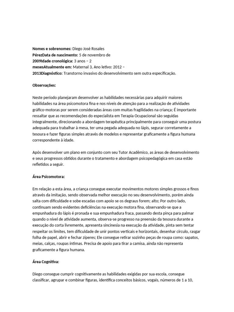Relatório Do Menino Autista Roselin | PDF