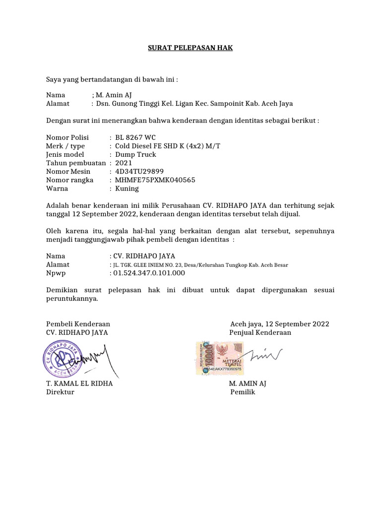 Surat Pelepasan Hak | PDF