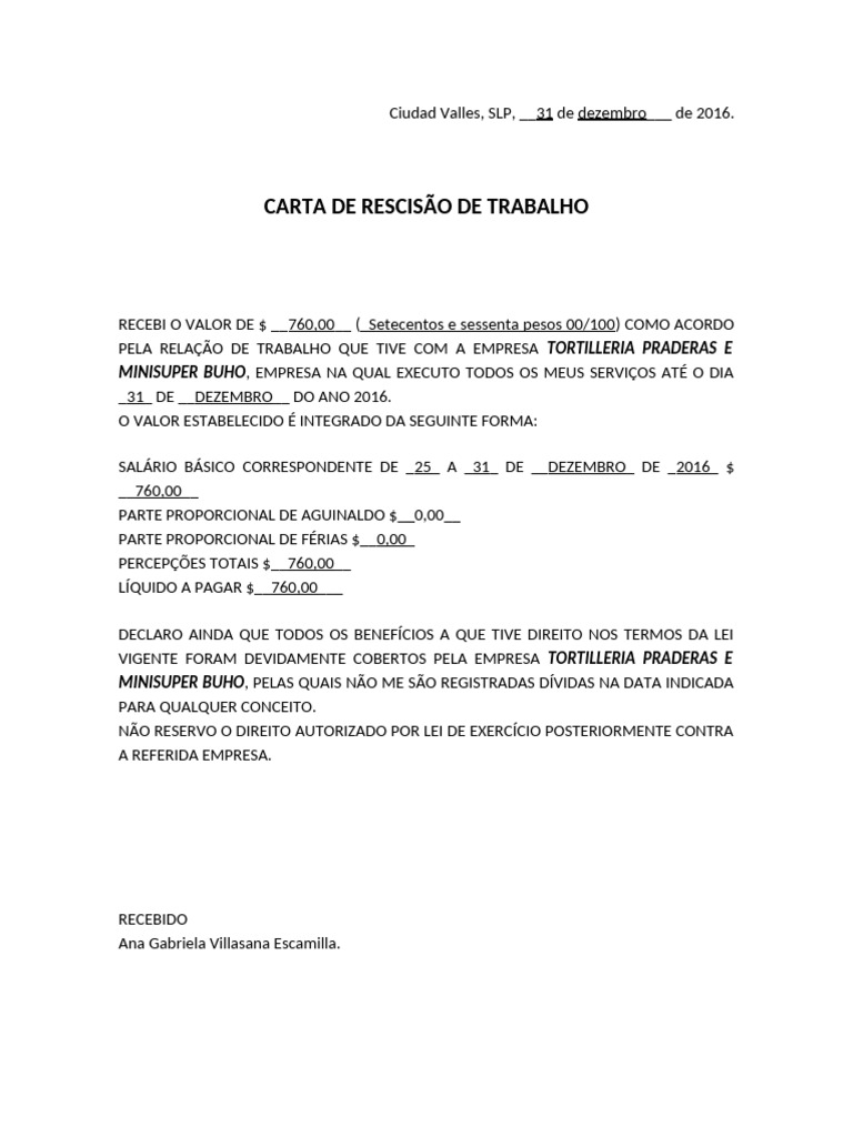 Carta de Rescisão de Trabalho | PDF
