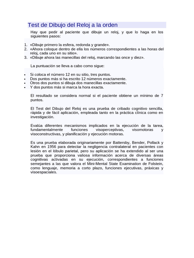 Test de Dibujo Del Reloj A La Orden | PDF