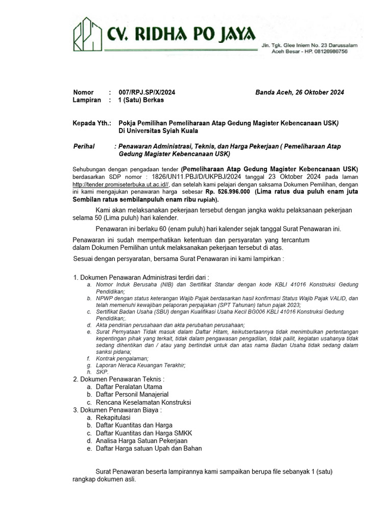 Penawaran Pemeliharaan Atap USK | PDF