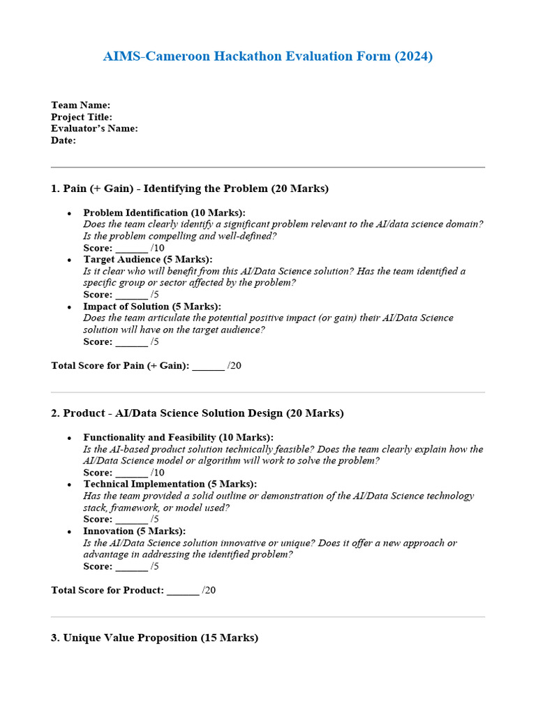 Initial AIMS-Cameroon Hackat Hon Evaluation Form - 2024 | PDF ...