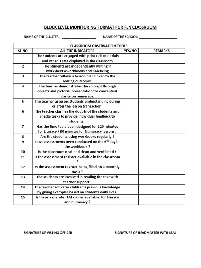 Block Level Monitoring Format For FLN Classroom | PDF