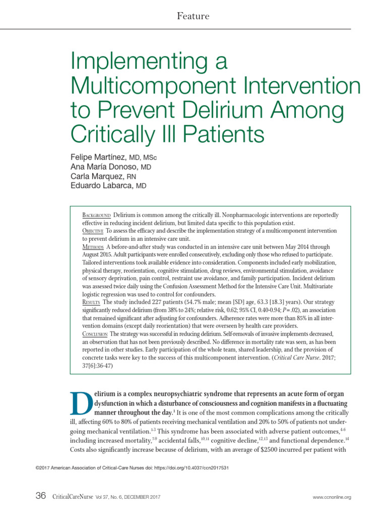 Implementing A Multicomponent Intervention To Prevent Delirium | PDF ...