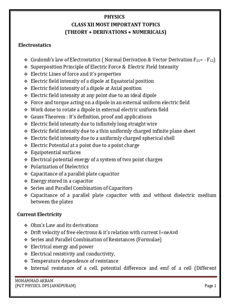 Important Derivations - Class 12 Physics | PDF | Magnetic Field ...