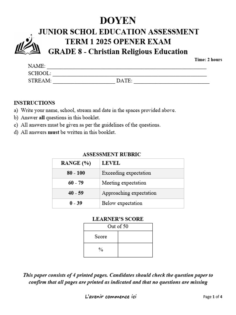 Grade 8 CRE Term 1 Opener Exam 2025 | PDF | Jesus | Abrahamic Religions