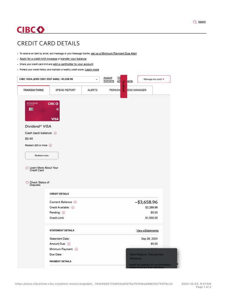 Credit Card Details - CIBC Online Banking | PDF | Credit Card | Business