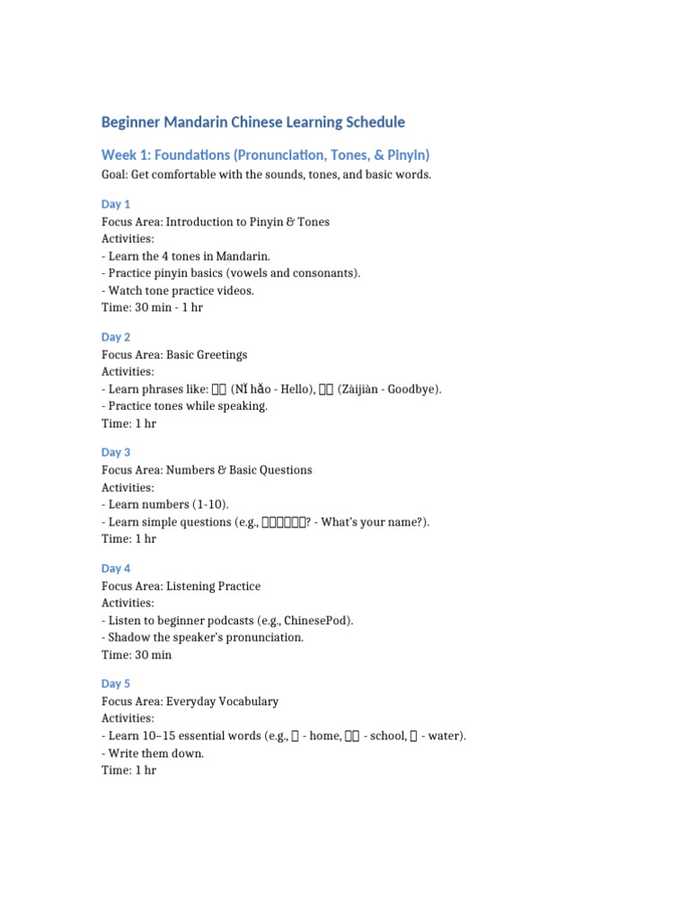 Beginner Mandarin Schedule | PDF | Pinyin | Tone (Linguistics)