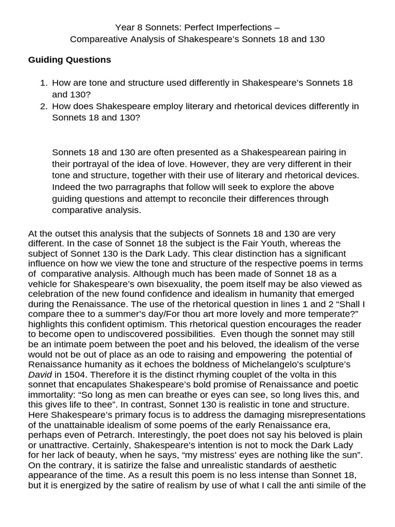 Comparing Shakespeare's Sonnets 18 & 130 | PDF | Shakespeare's Sonnets ...