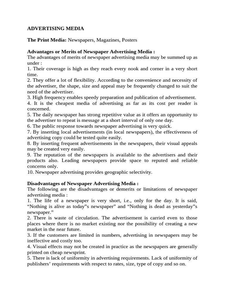 Advantages and Disadvantages of Advertising Media | PDF | Newspapers ...