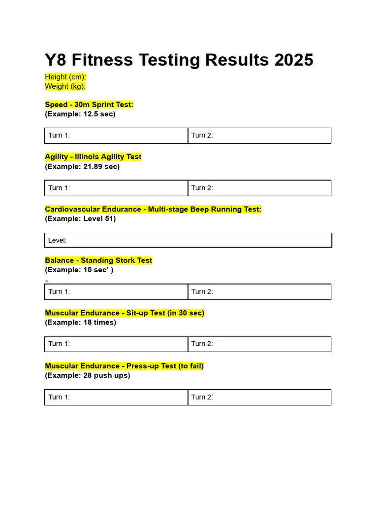 Y8 Fitness Test Record Sheet January 2025 (1) | PDF