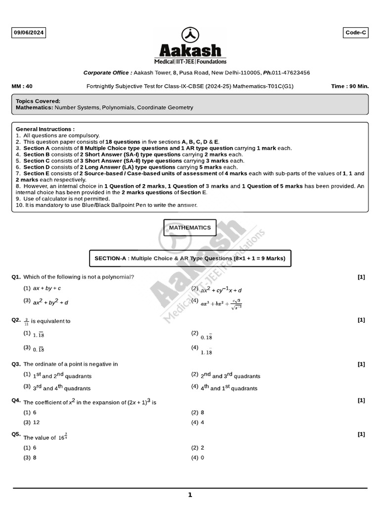 FST-1C (CBSE - G-1) Maths (C-09) (09-06-2024) | PDF