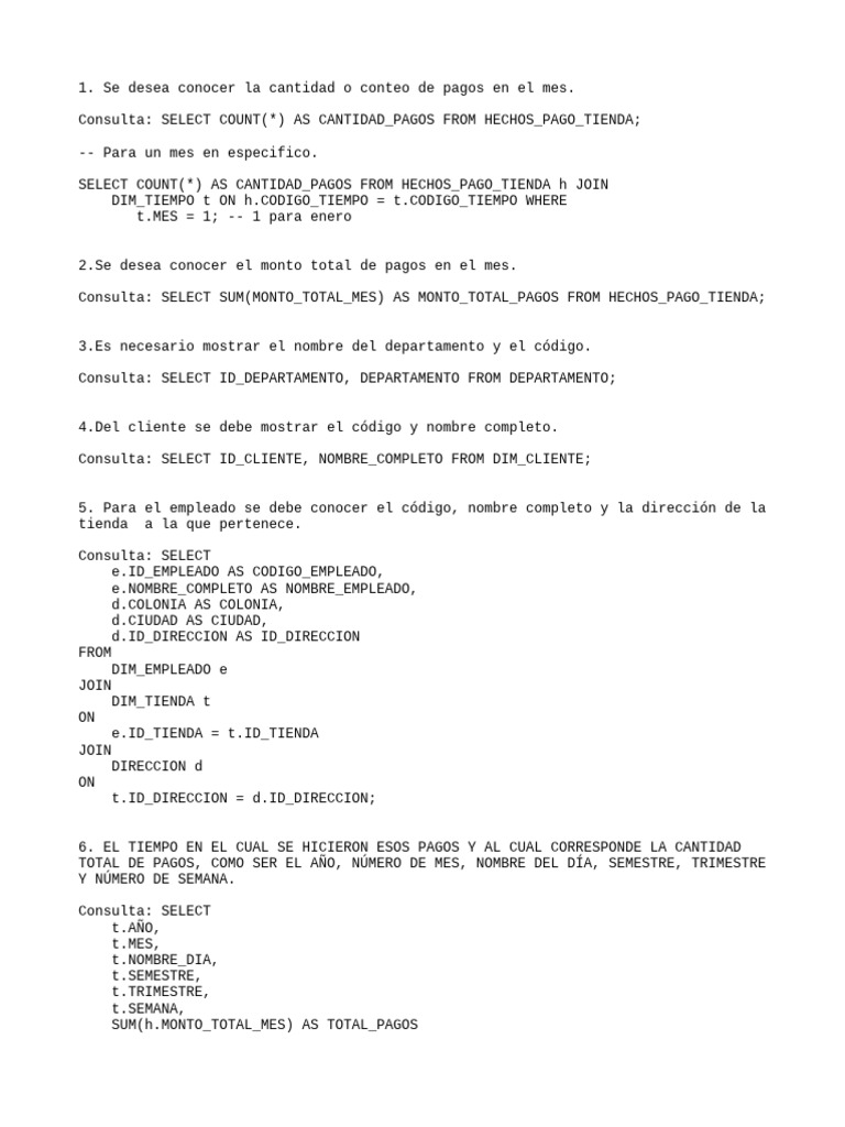 Consultas SQL para Pagos y Datos de Tienda | PDF