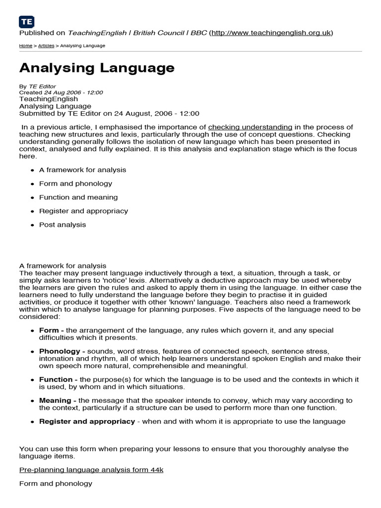 _TeachingEnglish - Analysing Language | PDF | Linguistics | Human ...