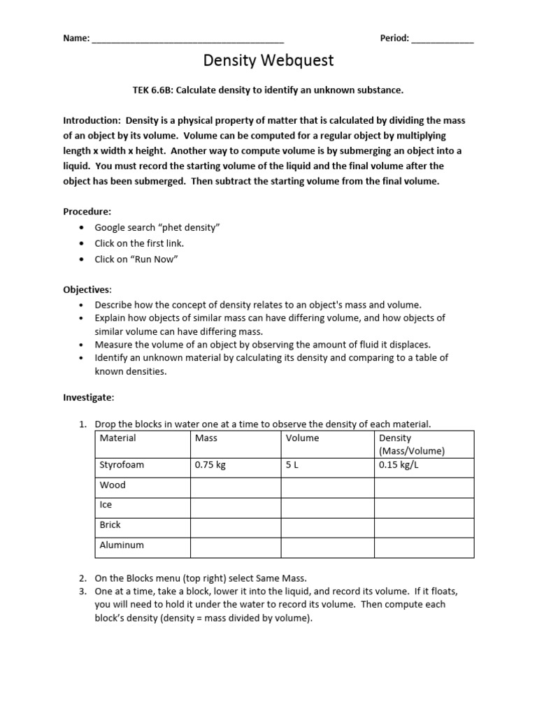 Density Webquest Worksheet | PDF | Density | Volume