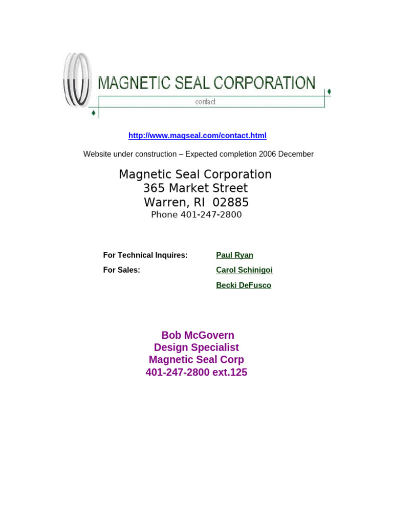 Magnetic Seal Corp Contact Information | PDF