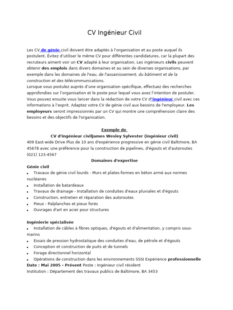 55249648 CV d'ingénierie civile | PDF | Ingénieur | Ingénierie