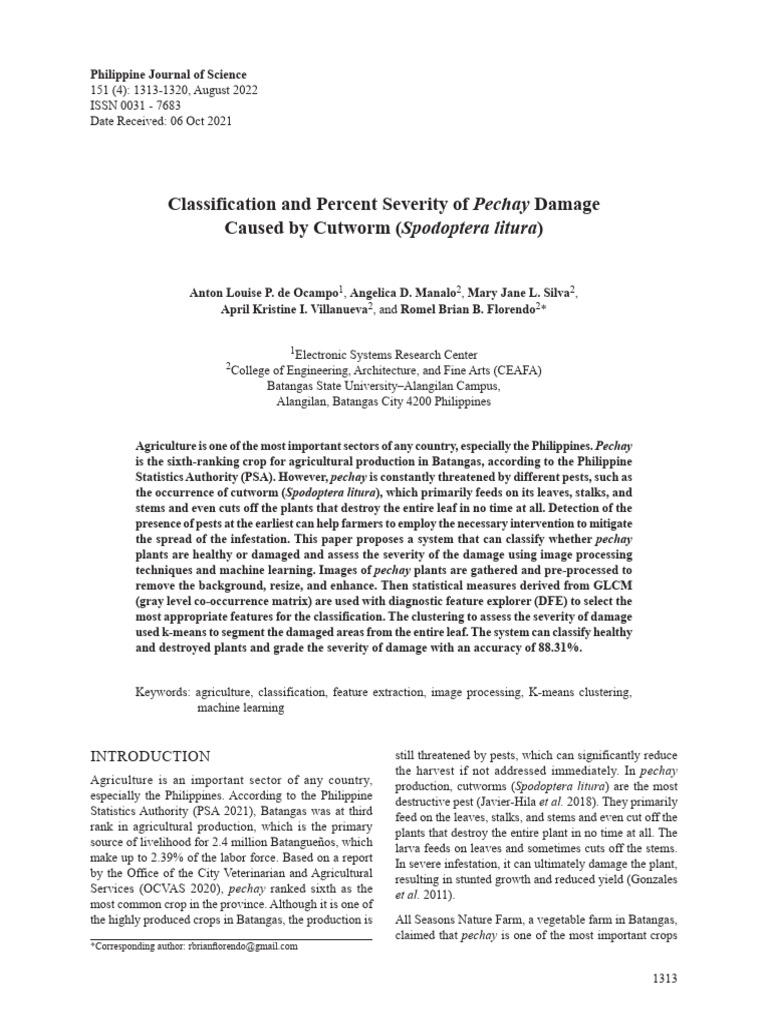 Classification and Percent Severity of Pechay Damage Caused by Cutworm | PDF | Image ...
