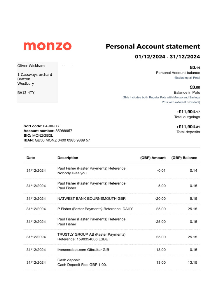 Monzo Statement DEC - PDF 3Fs 3D1 | PDF | Financial Services | Money
