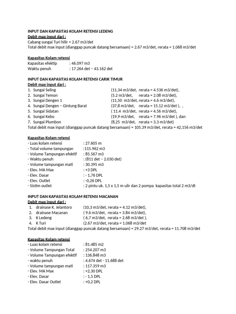 Input Dan Kapasitas Kolam Retensi | PDF