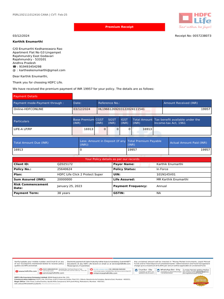 Premium Receipts | PDF | Life Insurance | Insurance