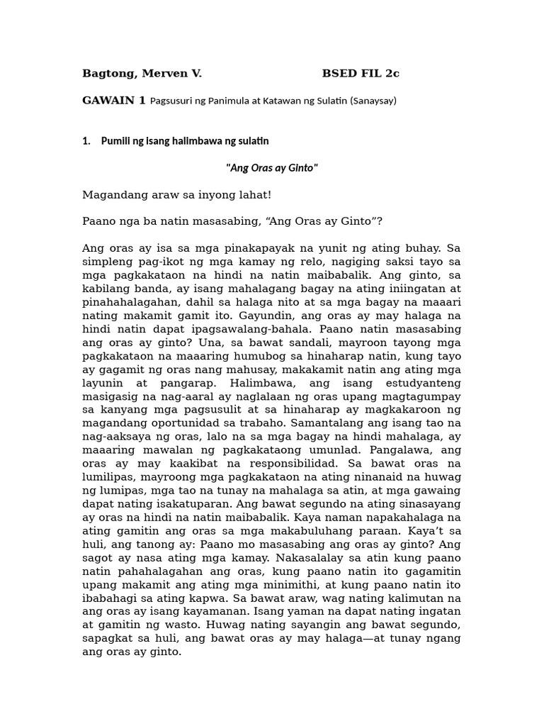 Malikhaing Pagsulat, Gawain 1 | PDF