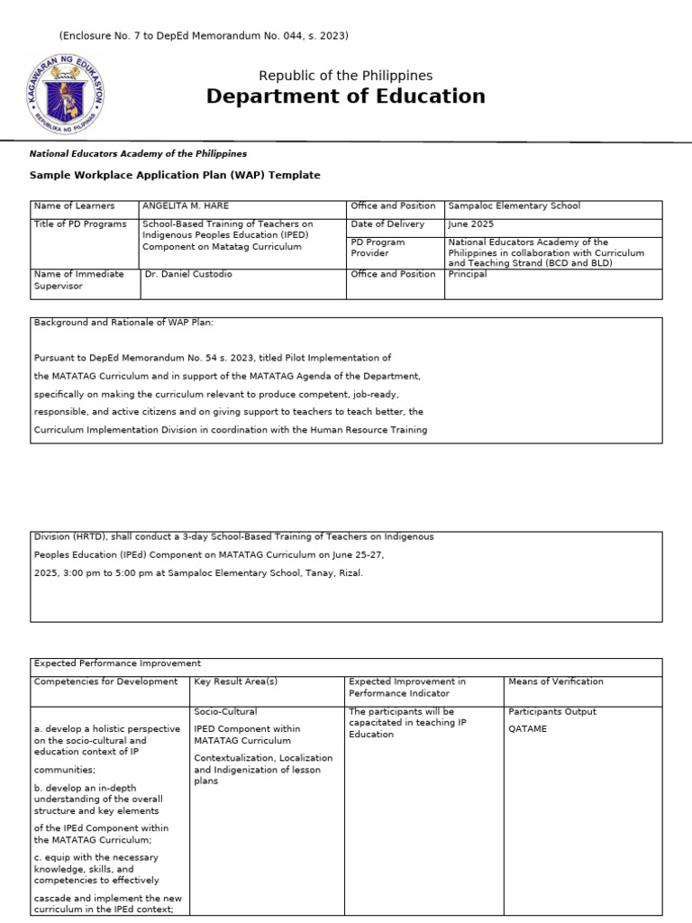Group 5-Matatag-Enclosure No. 7 Sample Workplace Application Plan (WAP ...