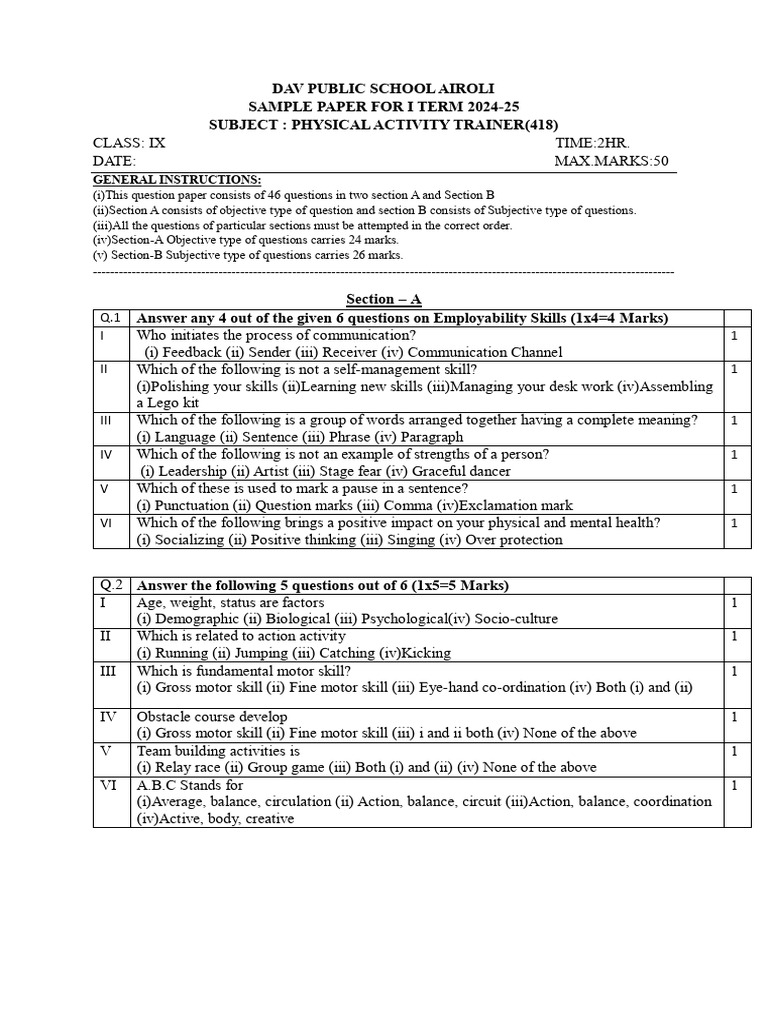 DAV School Class IX Physical Activity Trainer Sample Paper | PDF ...