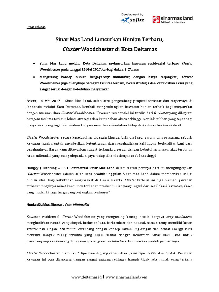 May 14 2017 SML Sinar Mas Land Luncurkan Hunian Terbaru Cluster Woodchester Di Kota Deltamas | PDF