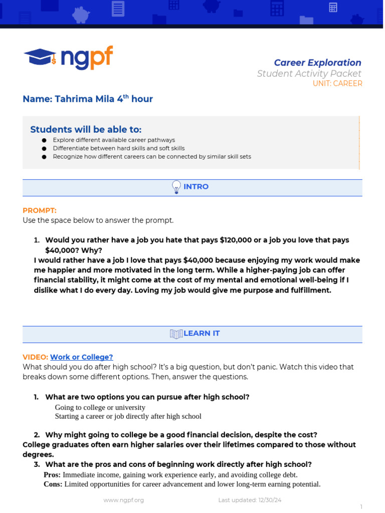 Career Exploration Student Activity Packet | PDF | Skill | Cognition