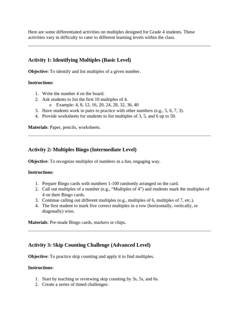 Engaging Grade 4 Multiples Activities | PDF | Cognitive Science | Learning