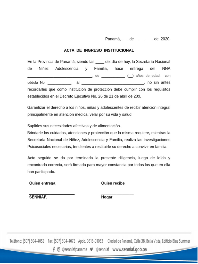 Acta de Ingreso de NNA en Panamá | PDF