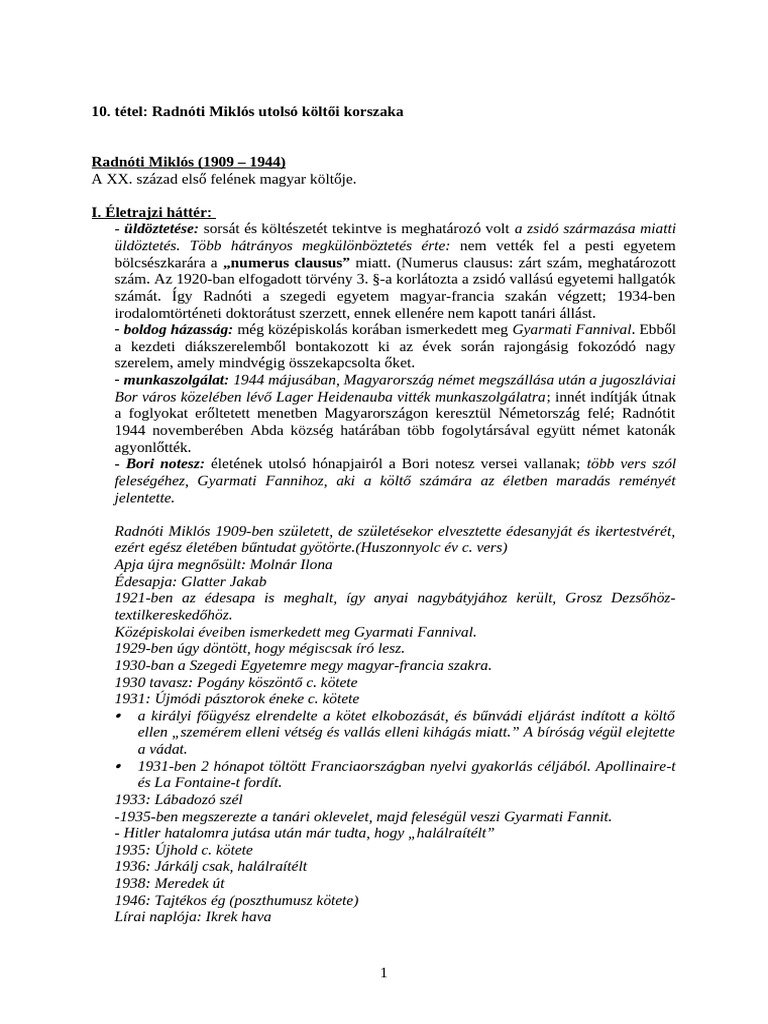 Radnóti Miklós Utolsó Költői Korszaka | PDF