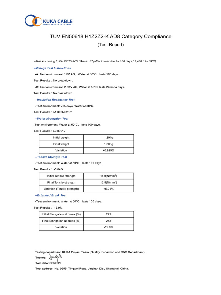 EN50618 H1Z2Z2-K Cable Test Report | PDF