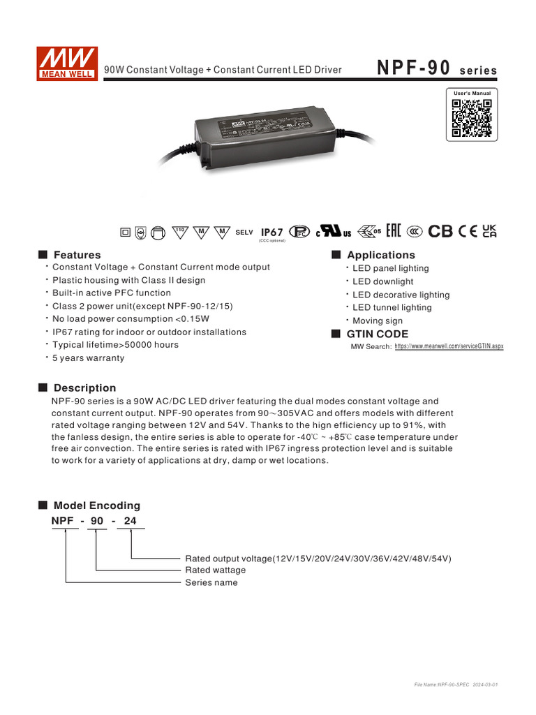 Meanwell - NPF 90 Datasheet - 2024 03 01 | PDF | Electrical Components | Electrical Engineering