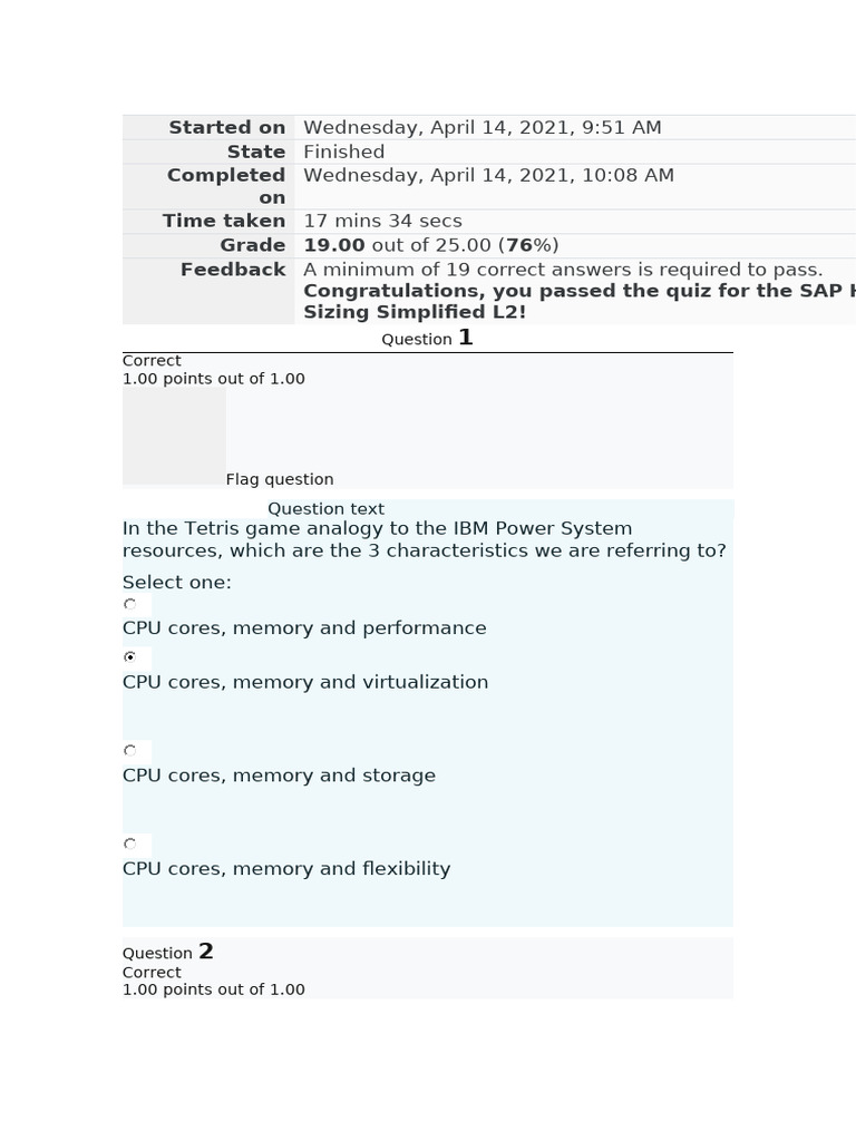 SAP HANA Sizing Simplified Level 2 Quiz | PDF | Databases | Central Processing Unit