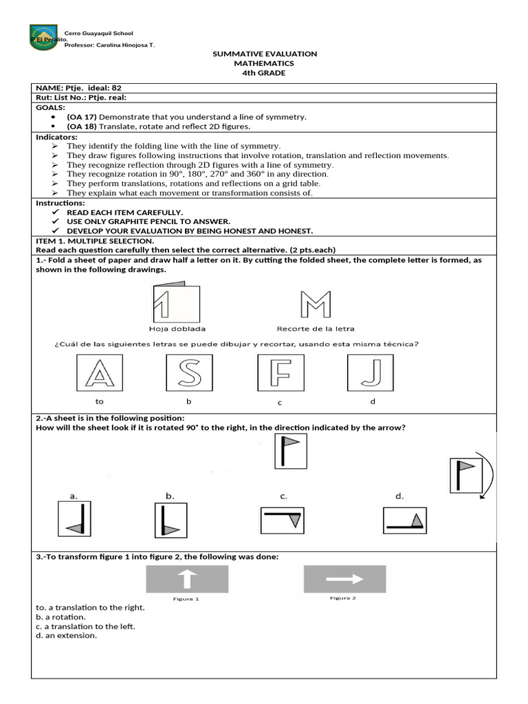 Summative Evaluation Isometric Transformations Mathematics 4TH Grade ...