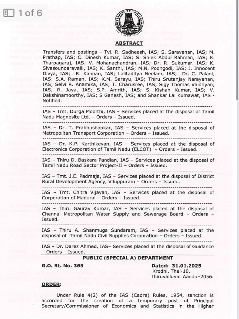 31 IAS Officers Transferred in One Move in Tamil Nadu | PDF