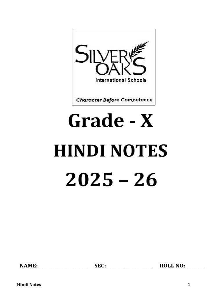 Grade-10 Hindi Notes 2025-26 | PDF