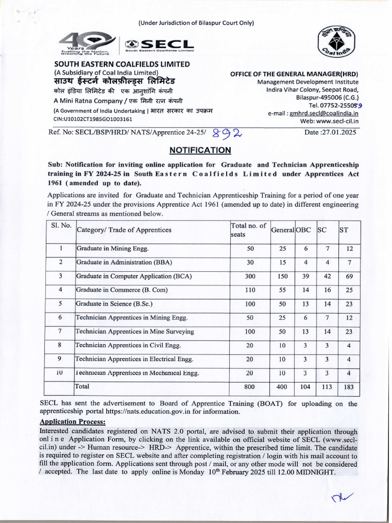 SECL Apprentice Recruitment 2025 Notification | PDF | Apprenticeship ...