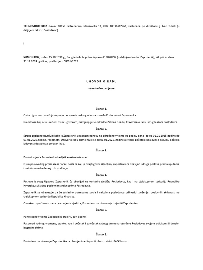 Ugovor o radu Sumon Roy - 08-01-2025 pdf | PDF
