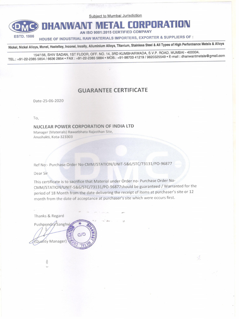 Gaurantee Certificate Npcil | PDF