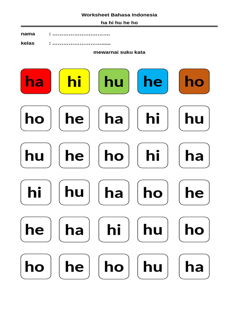 Worksheet B.indonesia Mewarnai Ha Hi Hu He Ho | PDF