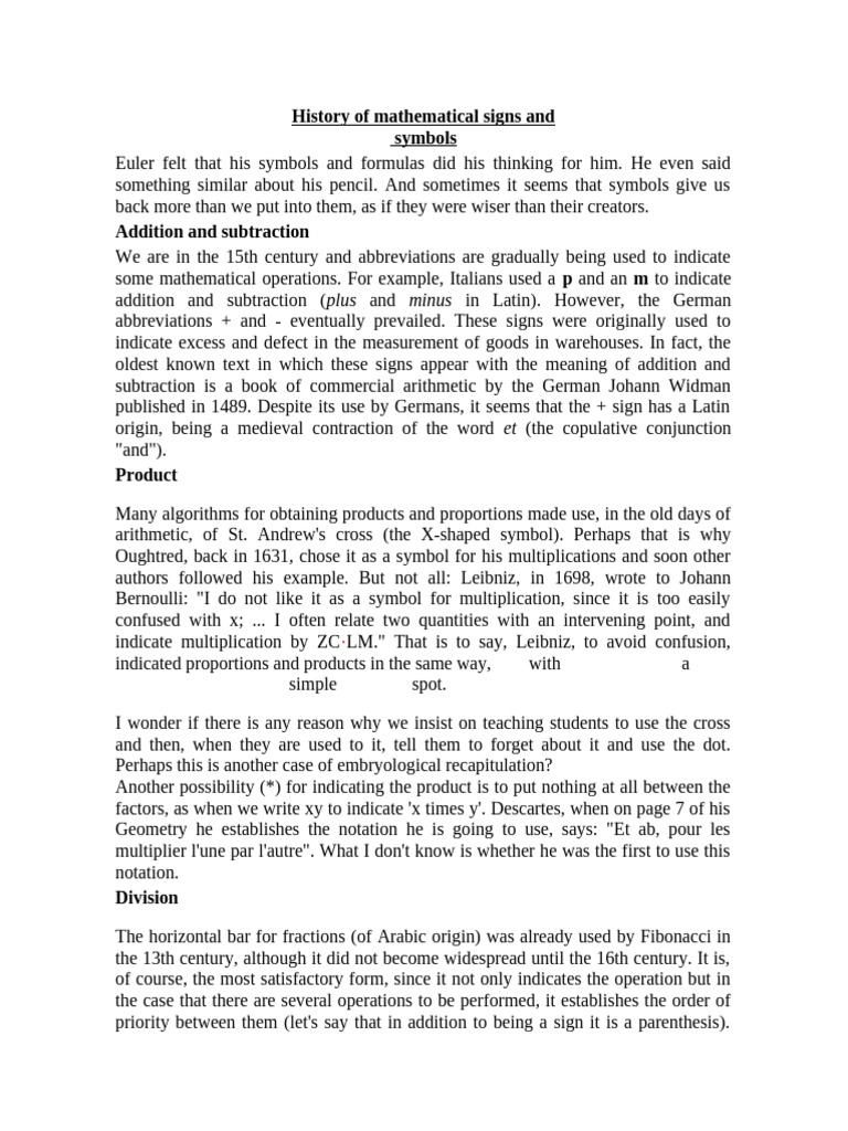 Evolution of Mathematical Symbols | PDF | Division (Mathematics ...