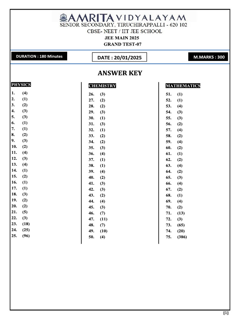 Jee GT 7 Ans Key | PDF