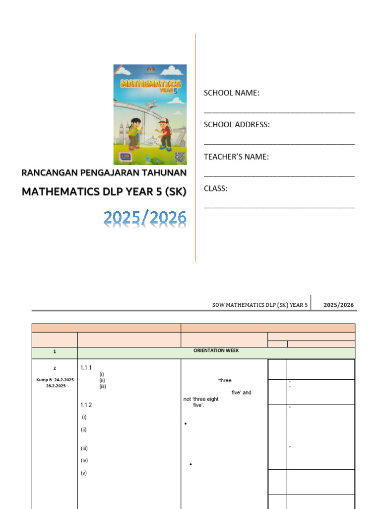 RPT MATH DLP YEAR 5 SK 2025 2026 by Rozayus Academy Kump B | PDF | Multiplication | Numbers