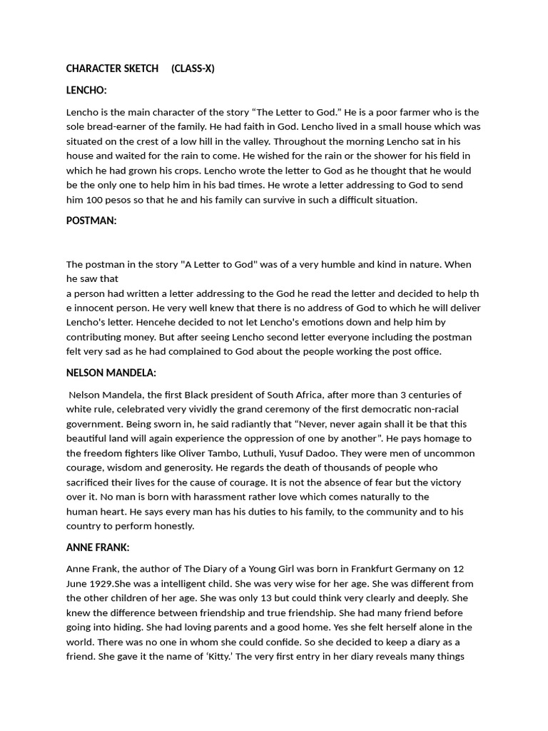 Character Sketches for Class 10 | PDF | Anne Frank