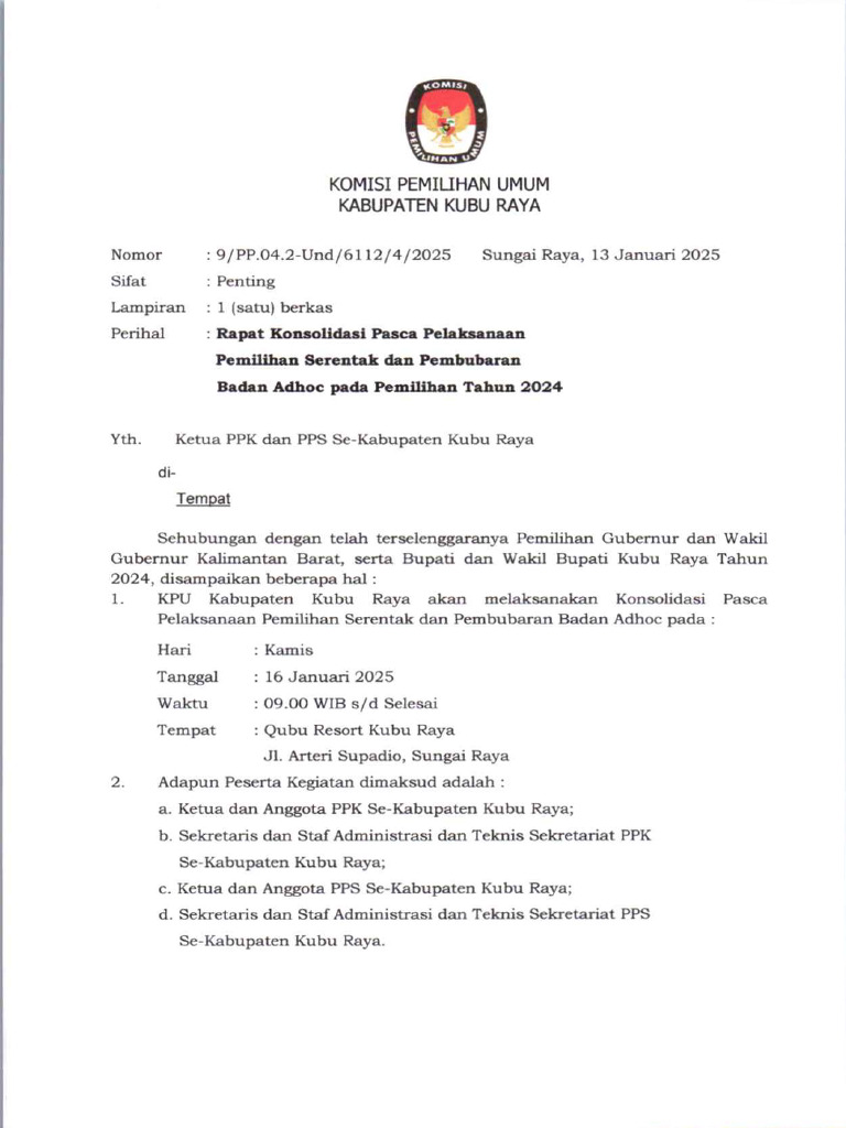 9 - Und Rapat Konsolidasi Dan Pembubaran Badan Adhoc Pemilihan Tahun 2024 - 16 Januari 2024 | PDF