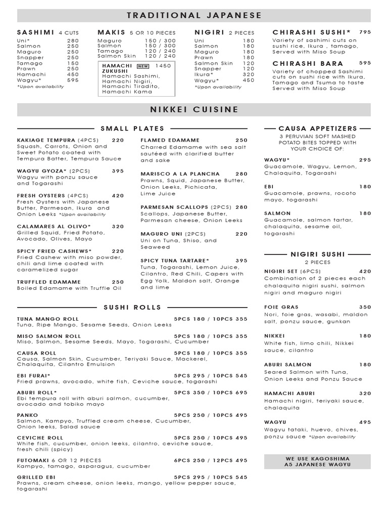 Nikkei Cuisine Menu Highlights | PDF | Sushi