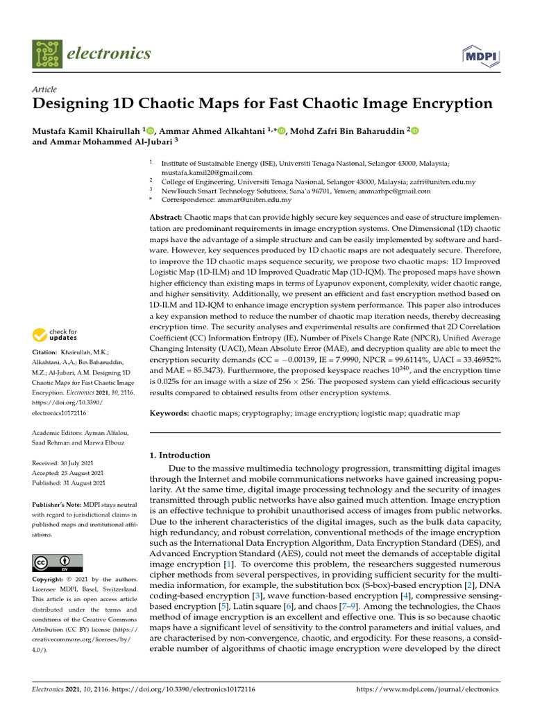 Electronics: Designing 1D Chaotic Maps For Fast Chaotic Image Encryption | PDF | Chaos Theory ...